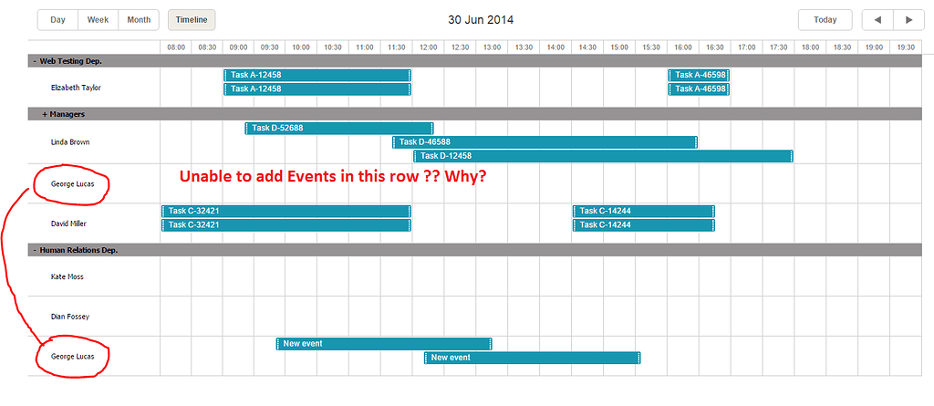 Timeline Tree Mode : Not able to add events if same resource - Javascript - DHTMLX