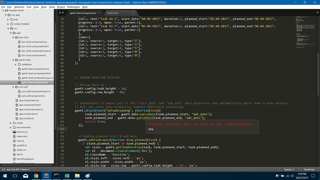 Property does not exist, using Angular 4 - Gantt - DHTMLX